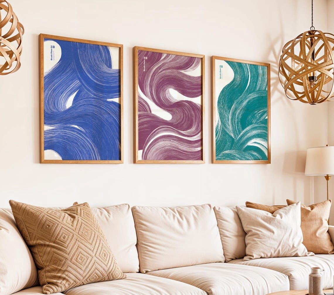 Brush Flow Posters, Abstract Wall Art Trio, Contemporary Beige, Blue ...