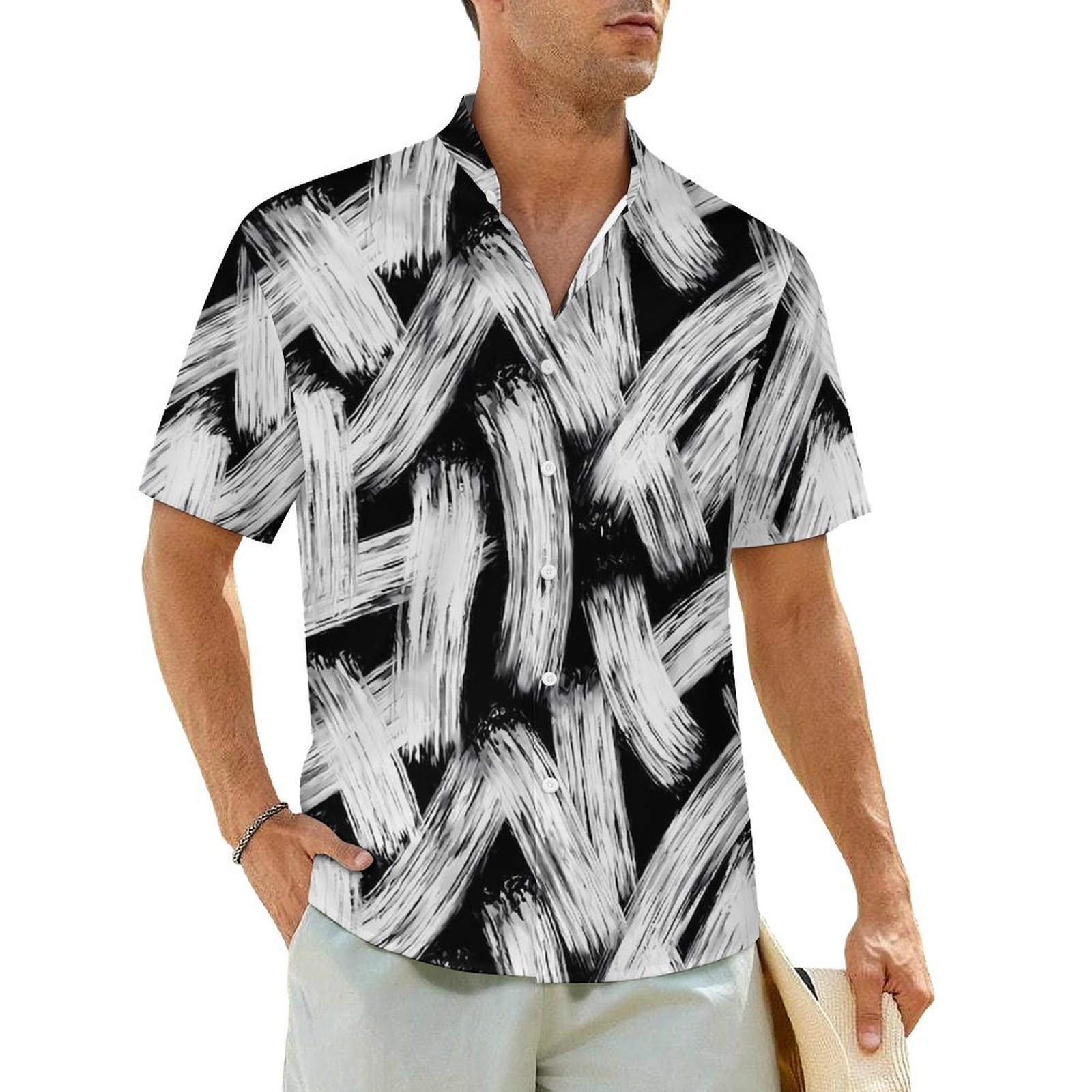 Brush Print Hawaiian Shirt For Male Beach Modern Art Casual Shirts ...