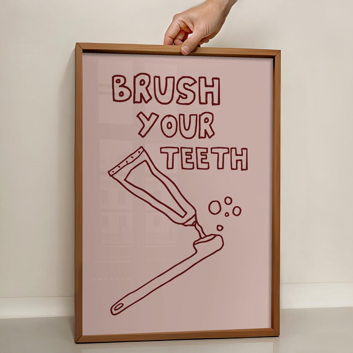 Brush Your Teeth Wall Art, Bathroom Decor Print, Minimalist Pink ...
