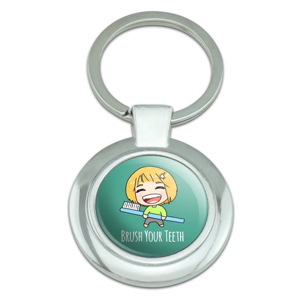 Brush Your Teeth Toothbrush Kawaii Chibi Keychain Classy Round Chrome ...