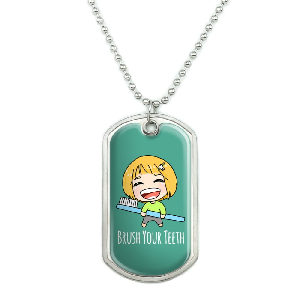 Brush Your Teeth Toothbrush Kawaii Chibi Military Dog Tag Pendant ...