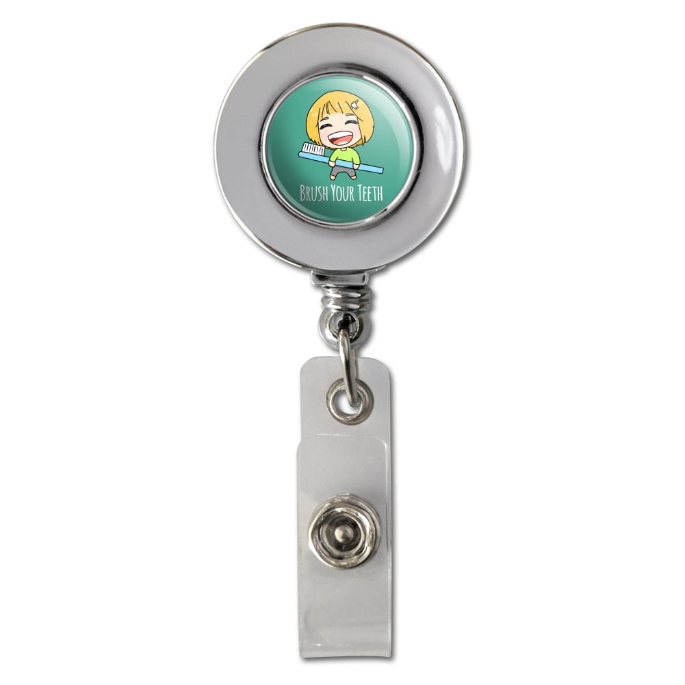 Brush Your Teeth Toothbrush Kawaii Chibi Retractable Reel Chrome Badge ...