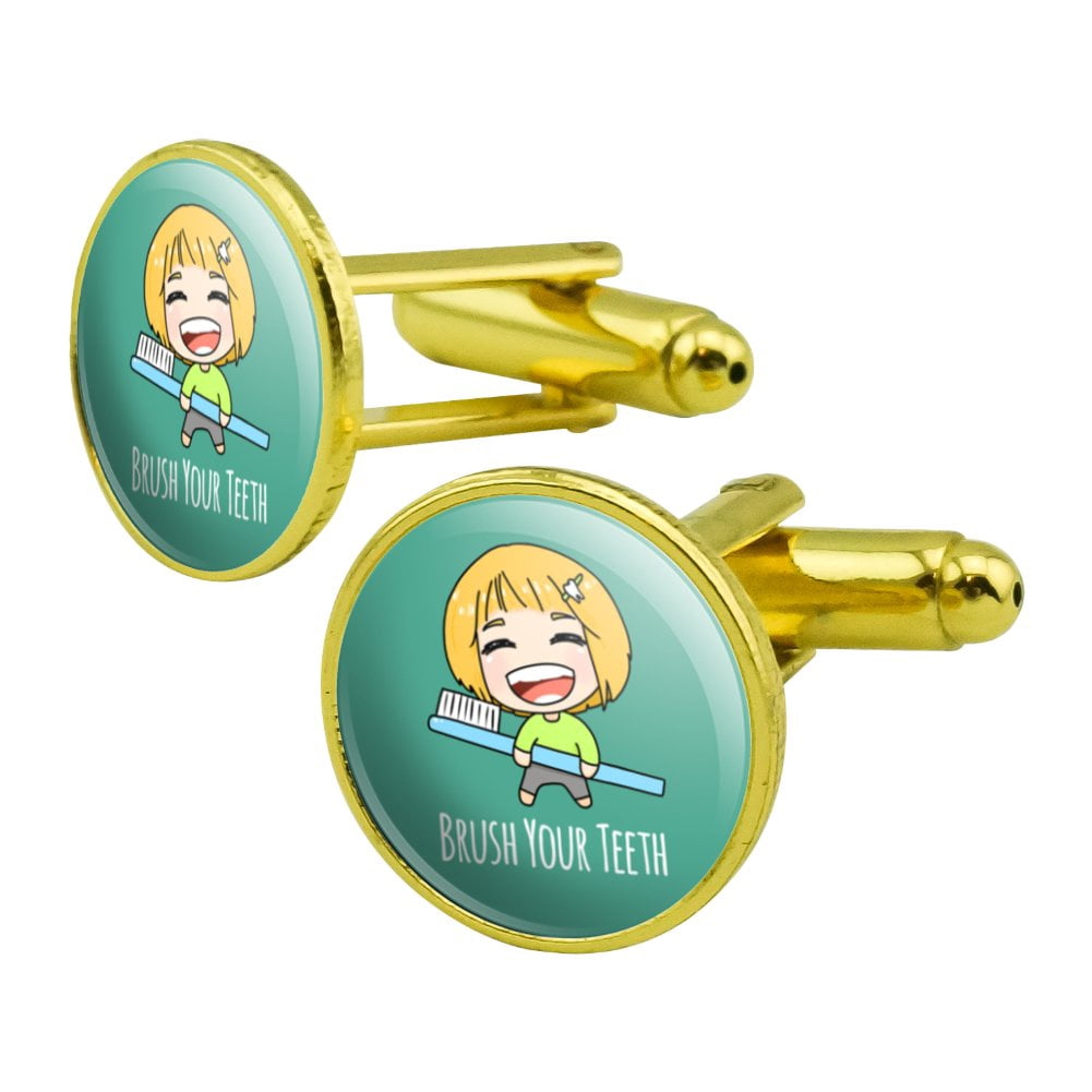Brush Your Teeth Toothbrush Kawaii Chibi Round Cufflink Set Gold Color ...