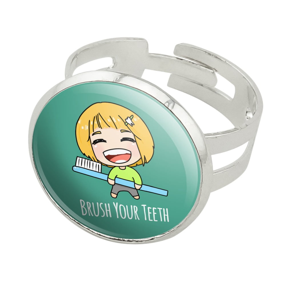 Brush Your Teeth Toothbrush Kawaii Chibi Silver Plated Adjustable ...