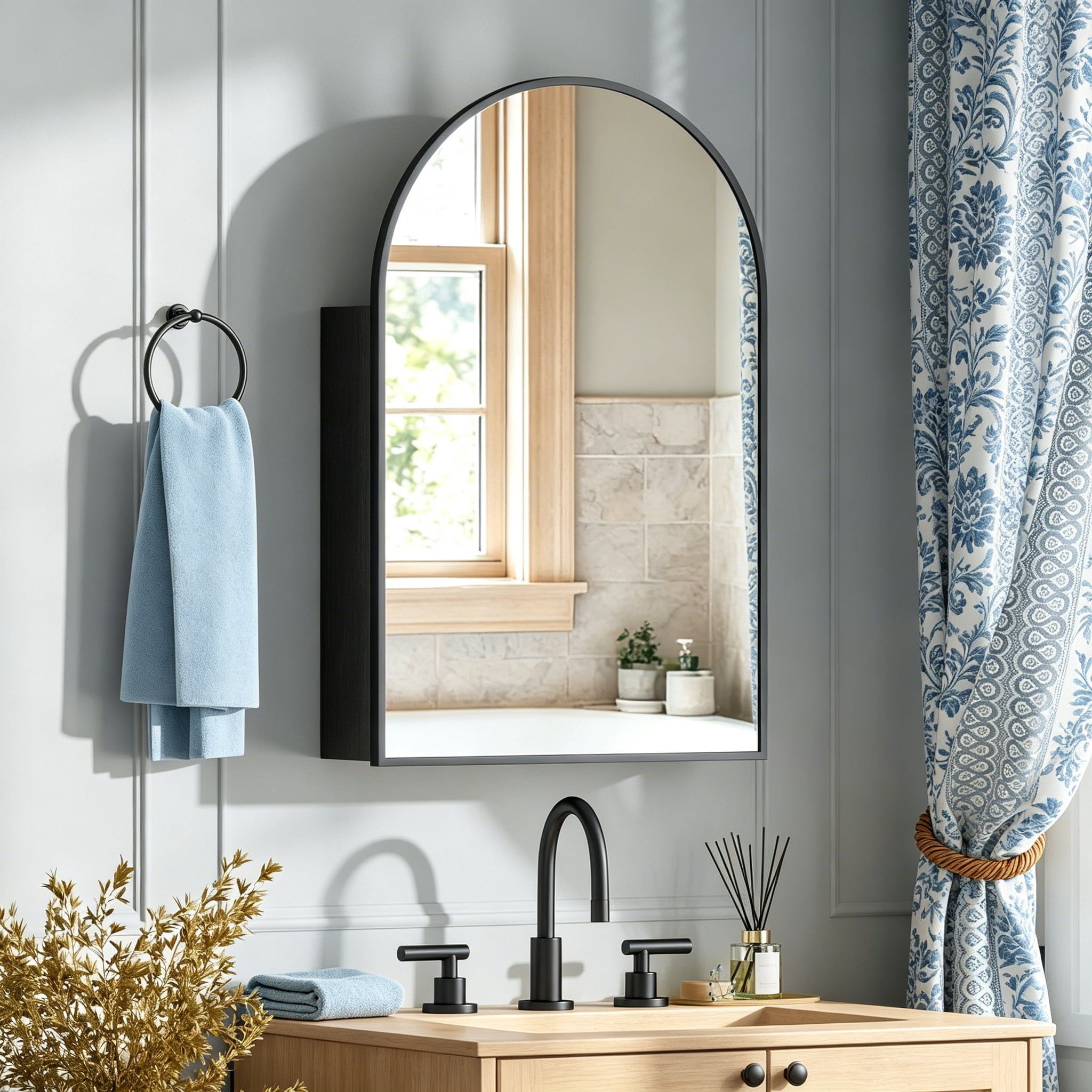 Brushed Black Arched Medicine Cabinet with Mirror, Wall Mount Surface ...