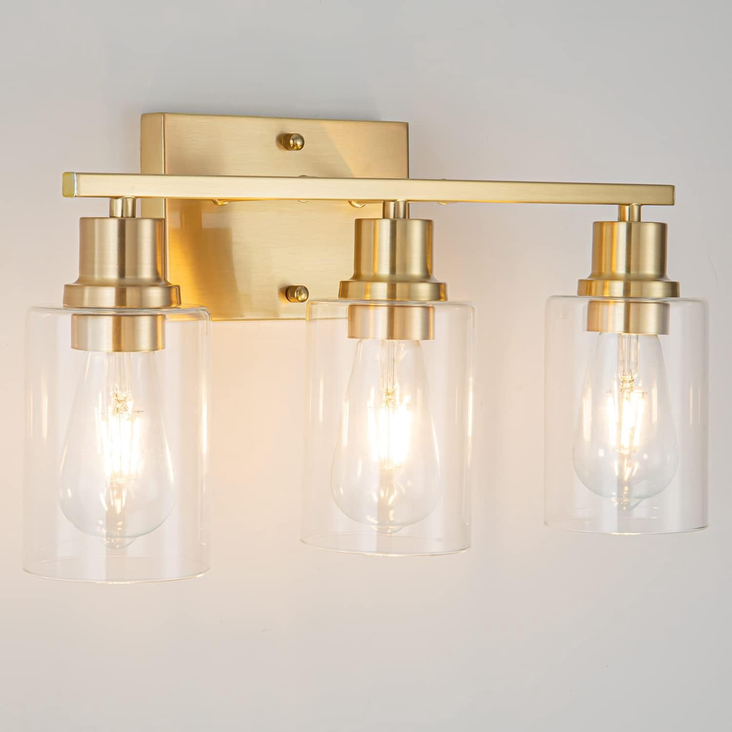 Brushed Brass Vanity Light with Clear Glass Shade, 3-Lights Gold ...