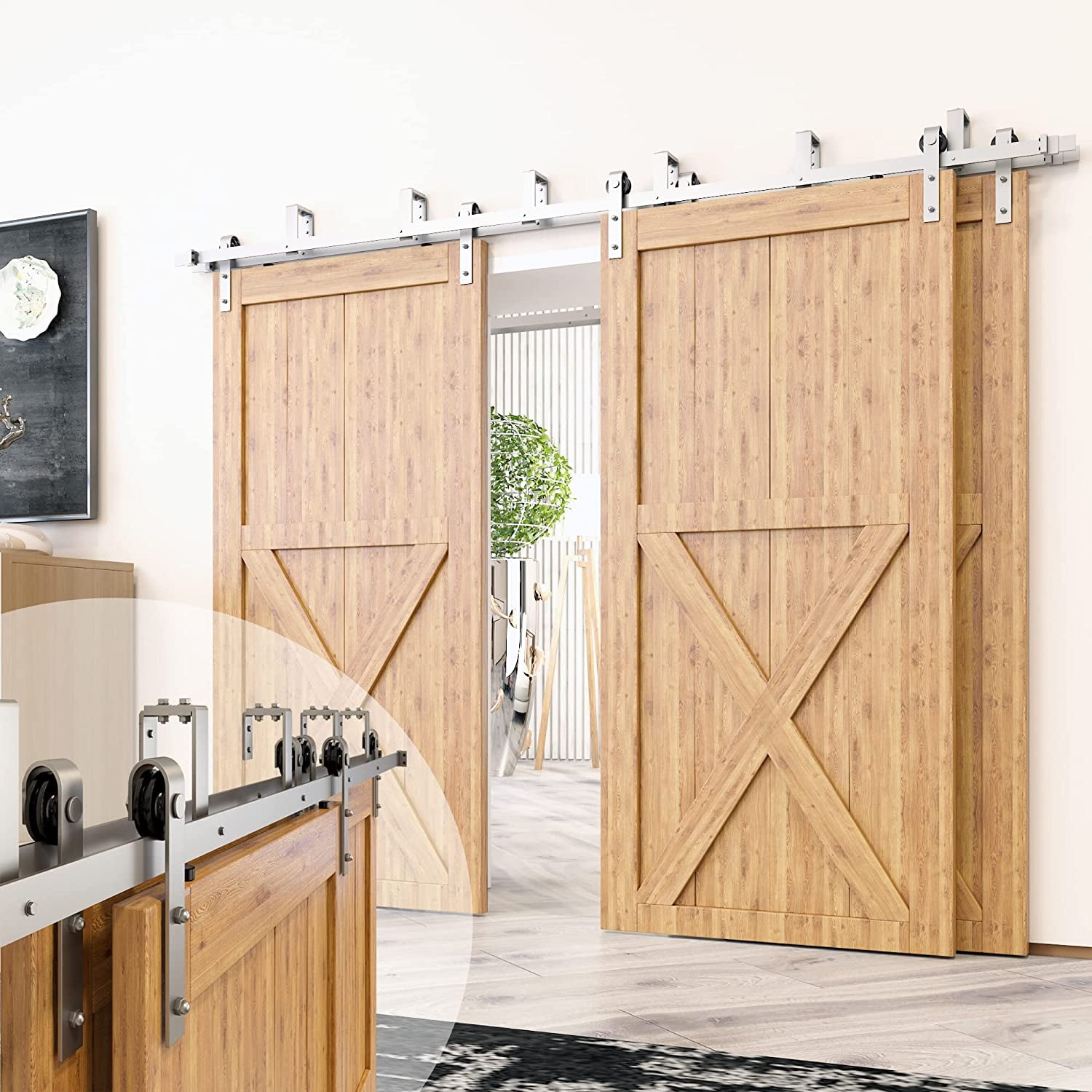Brushed Double Track U-Shape Bypass Sliding Barn Door Hardware Kit, for ...