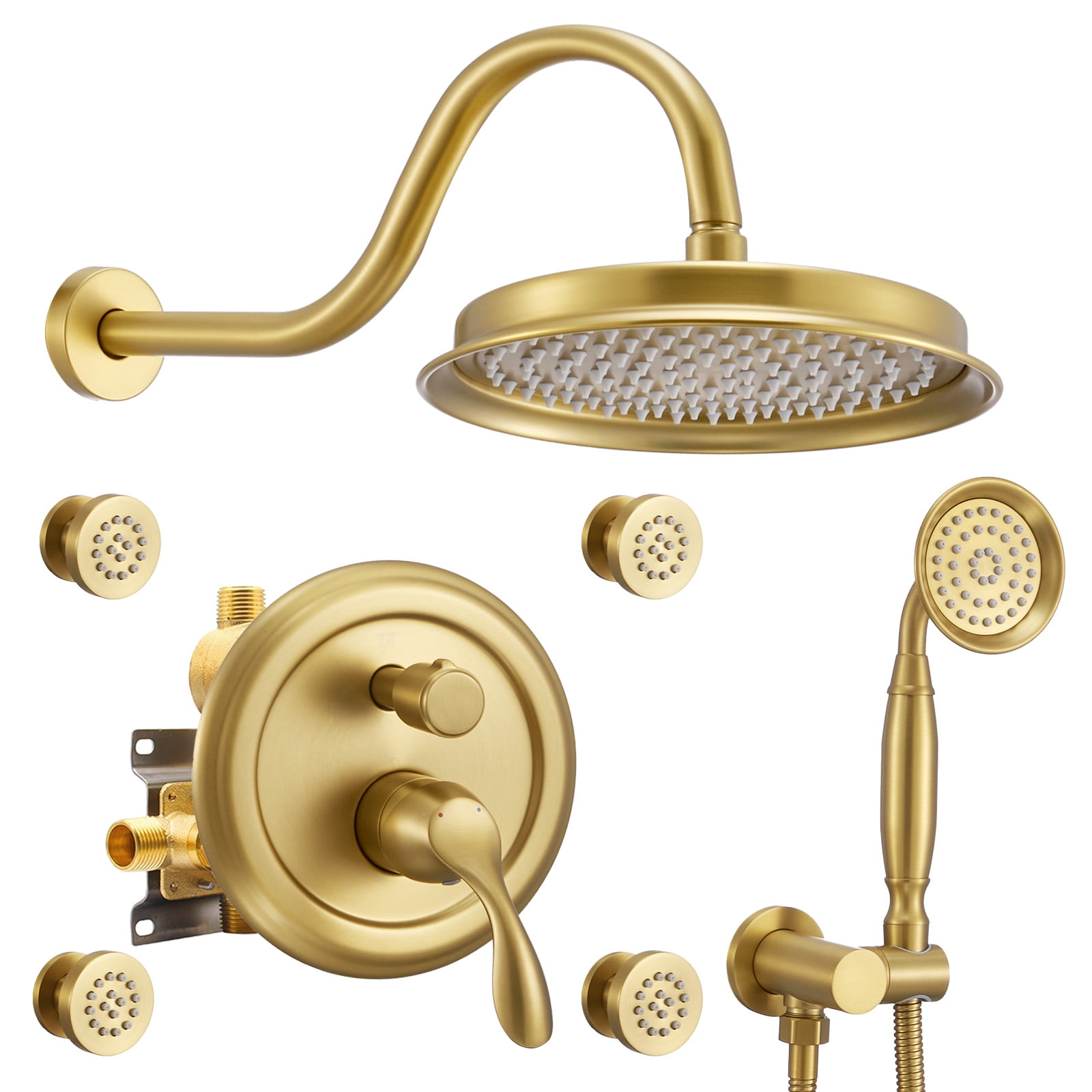 Brushed-Gold Antique Shower System with Jets: 9 inch Rain Faucet Sets ...