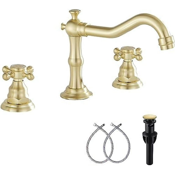 Brushed Gold Bathroom Faucet 2 Handles 3 Holes Widespread Bathroom Sink ...