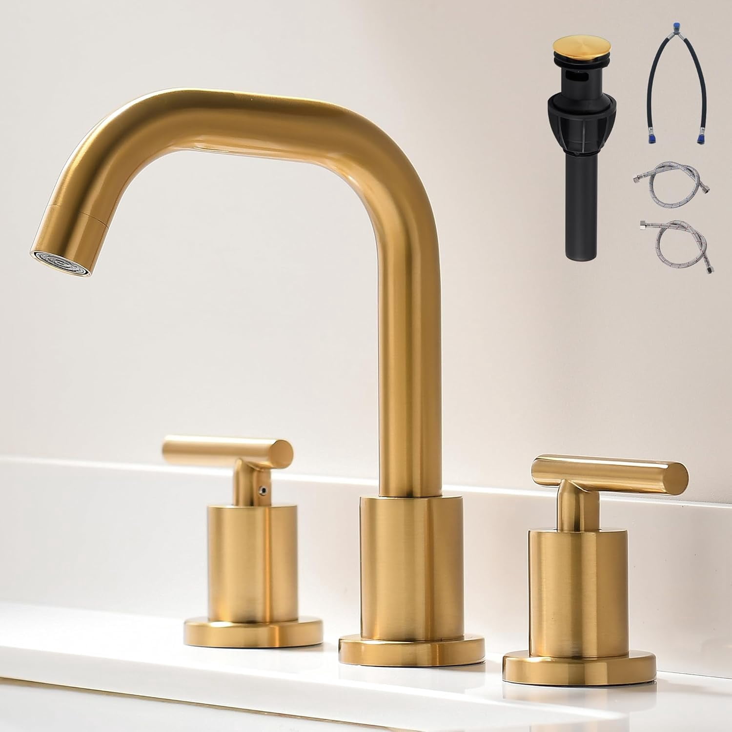 Brushed Gold Bathroom Faucet 3 Hole, 8 Inch Widespread Bathroom Sink ...