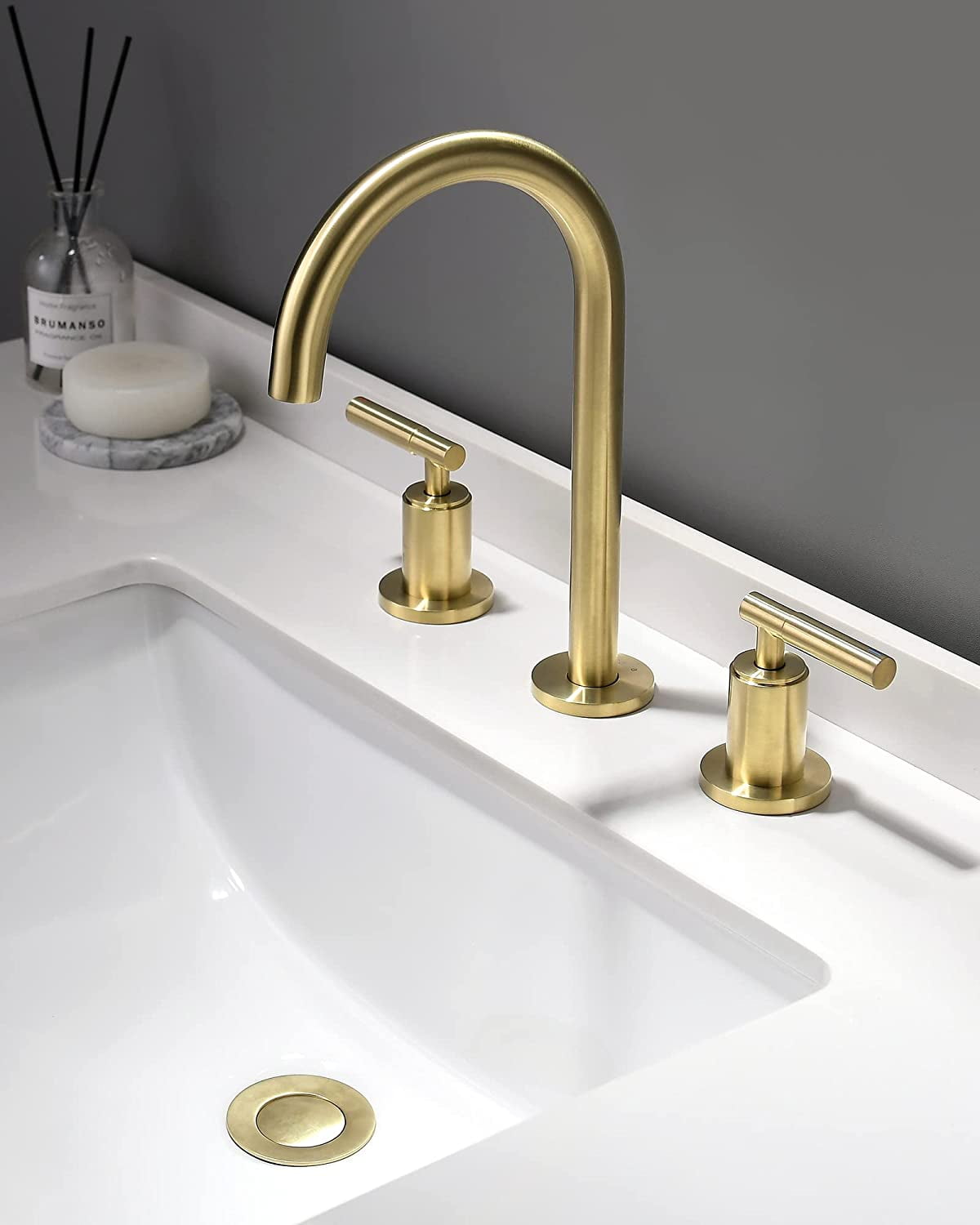 Brushed Gold Bathroom Faucet Indare Two Handles 360 Swivel Spout