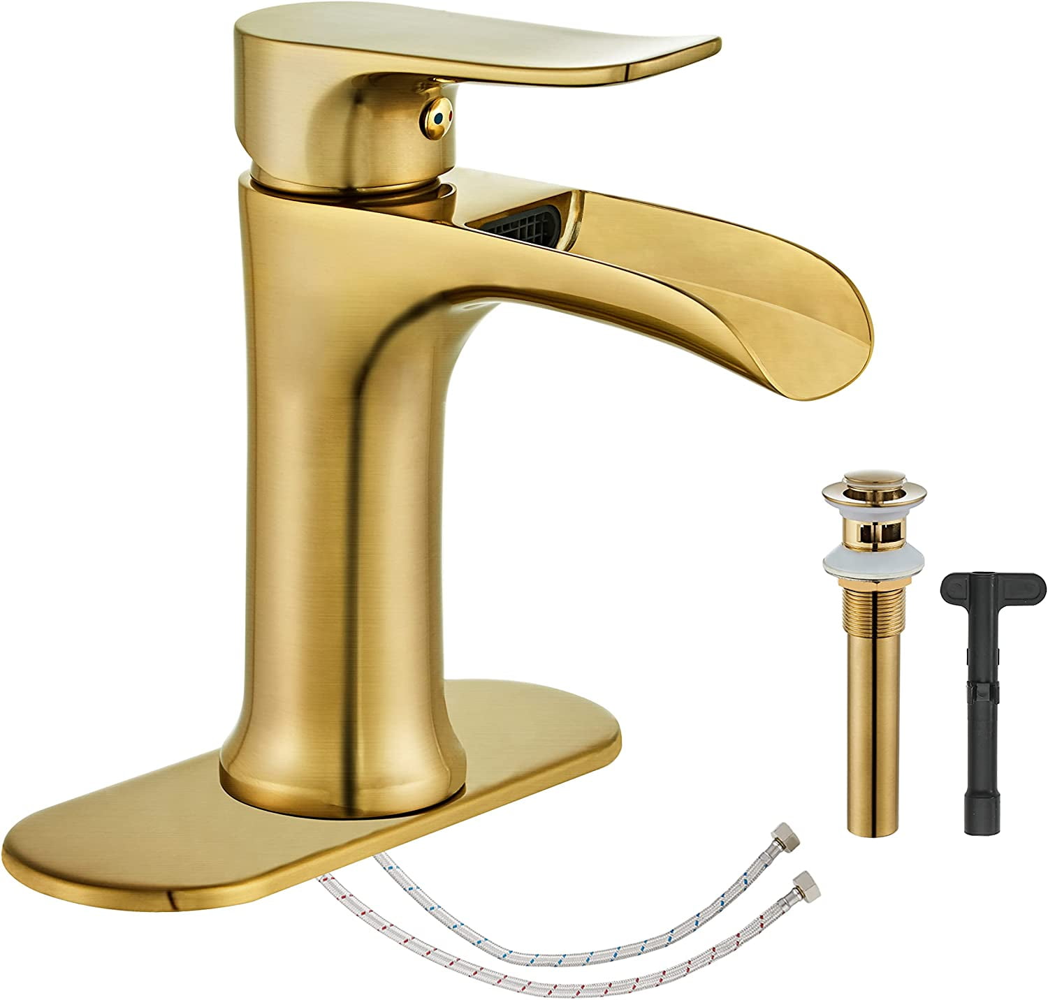 Yundoom Modern Brushed Gold Waterfall Bathroom Faucet with Pop Up Drain ...