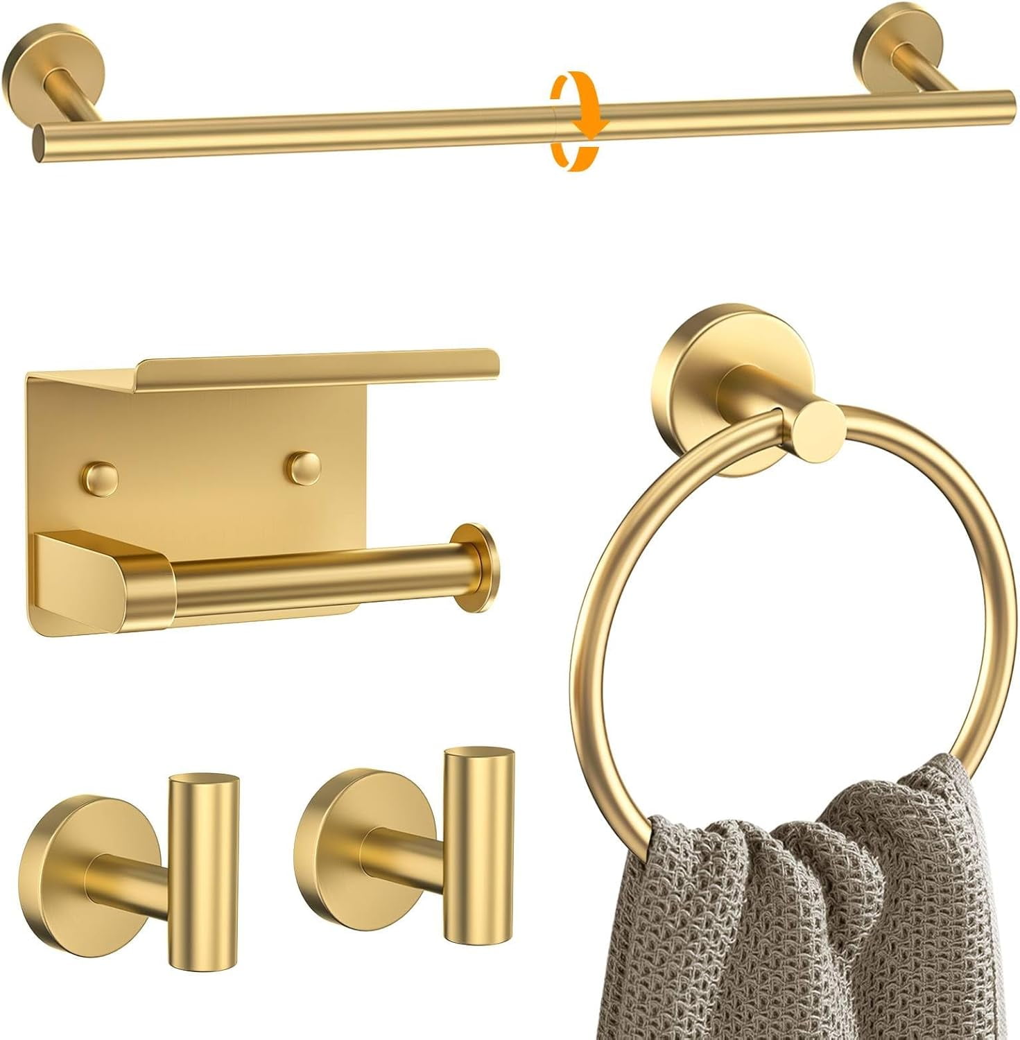 Brushed Gold Bathroom Hardware Set 5 Pieces Towel Bar Set Round Towel ...