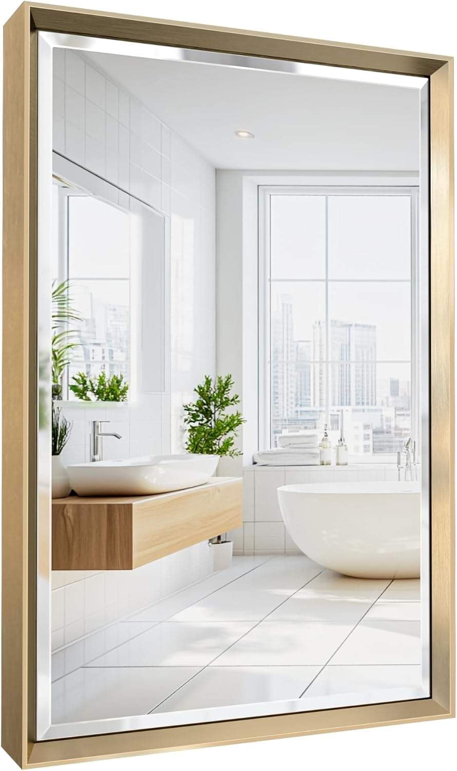 Brushed Gold Bathroom Mirror, 16" x 24" Beveled Rectangle Wall Mirror ...