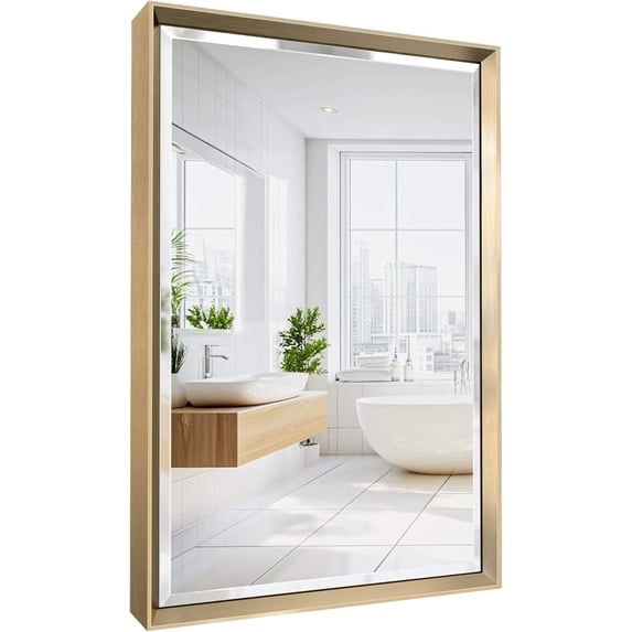 Brushed Gold Bathroom Mirror, 16" x 24" Beveled Rectangle Wall Mirror ...