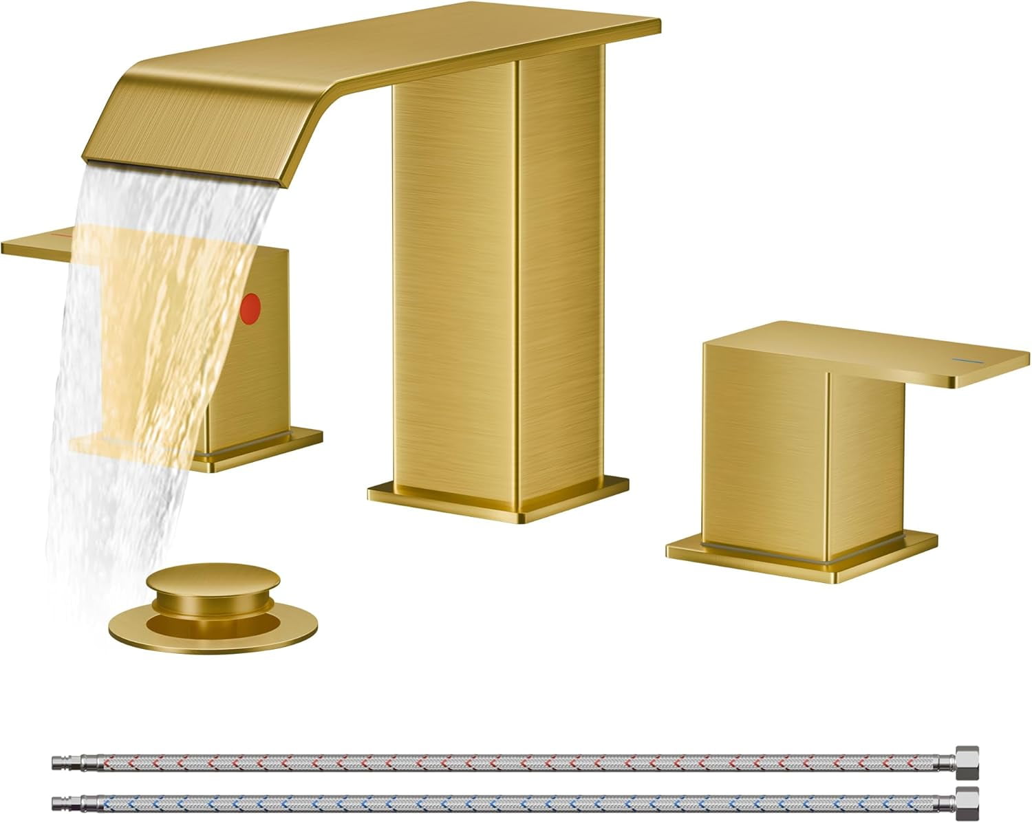 Brushed Gold Bathroom Sink Faucets 3 Hole Widespread, 2 Handles ...