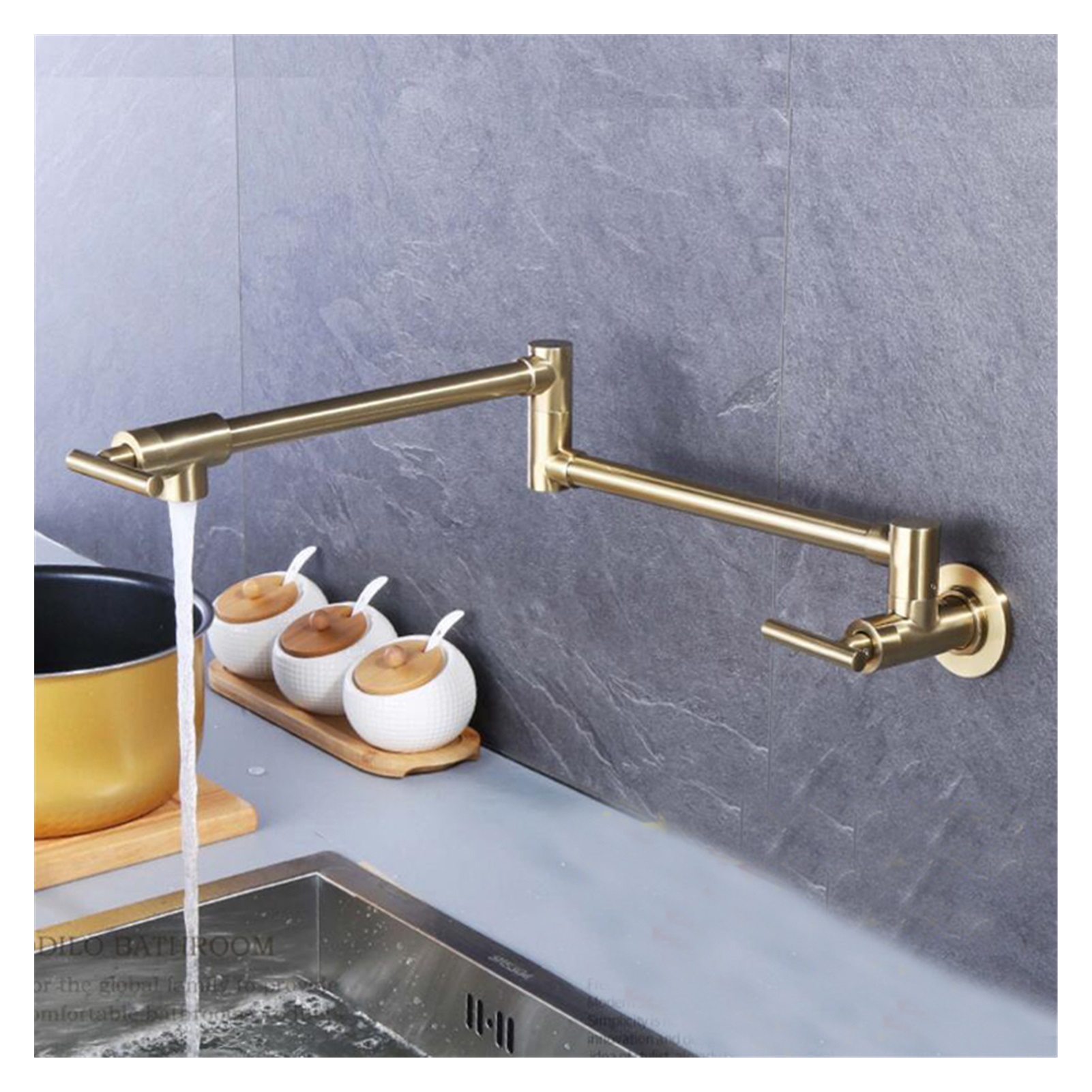 Brushed Gold Faucet Wall Mounted Pot Filler Folding 2 Handles Single ...