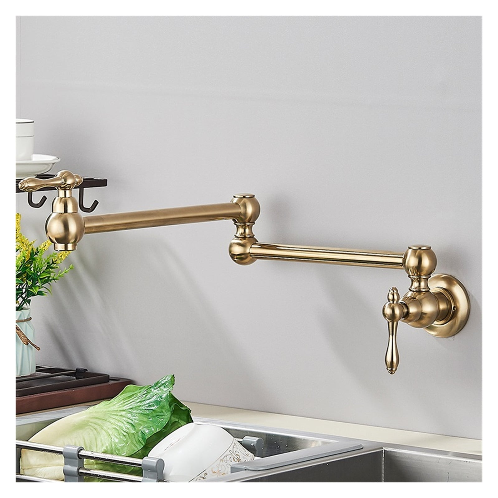 Brushed Gold Foldable Pot Filler Tap Wall Mounted Kitchen Faucet Single ...