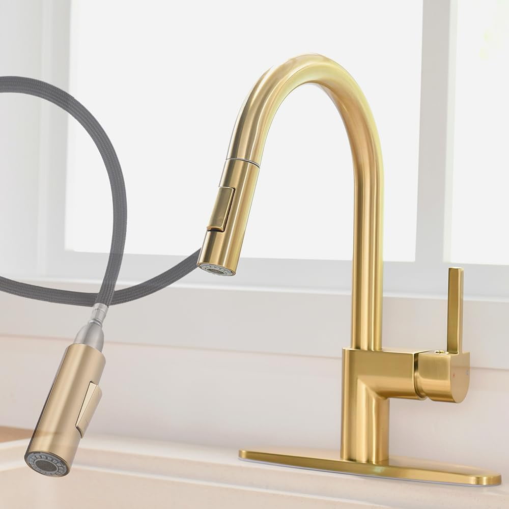 Brushed Gold Kitchen Faucet with Pull Down Sprayer - Modern Single ...