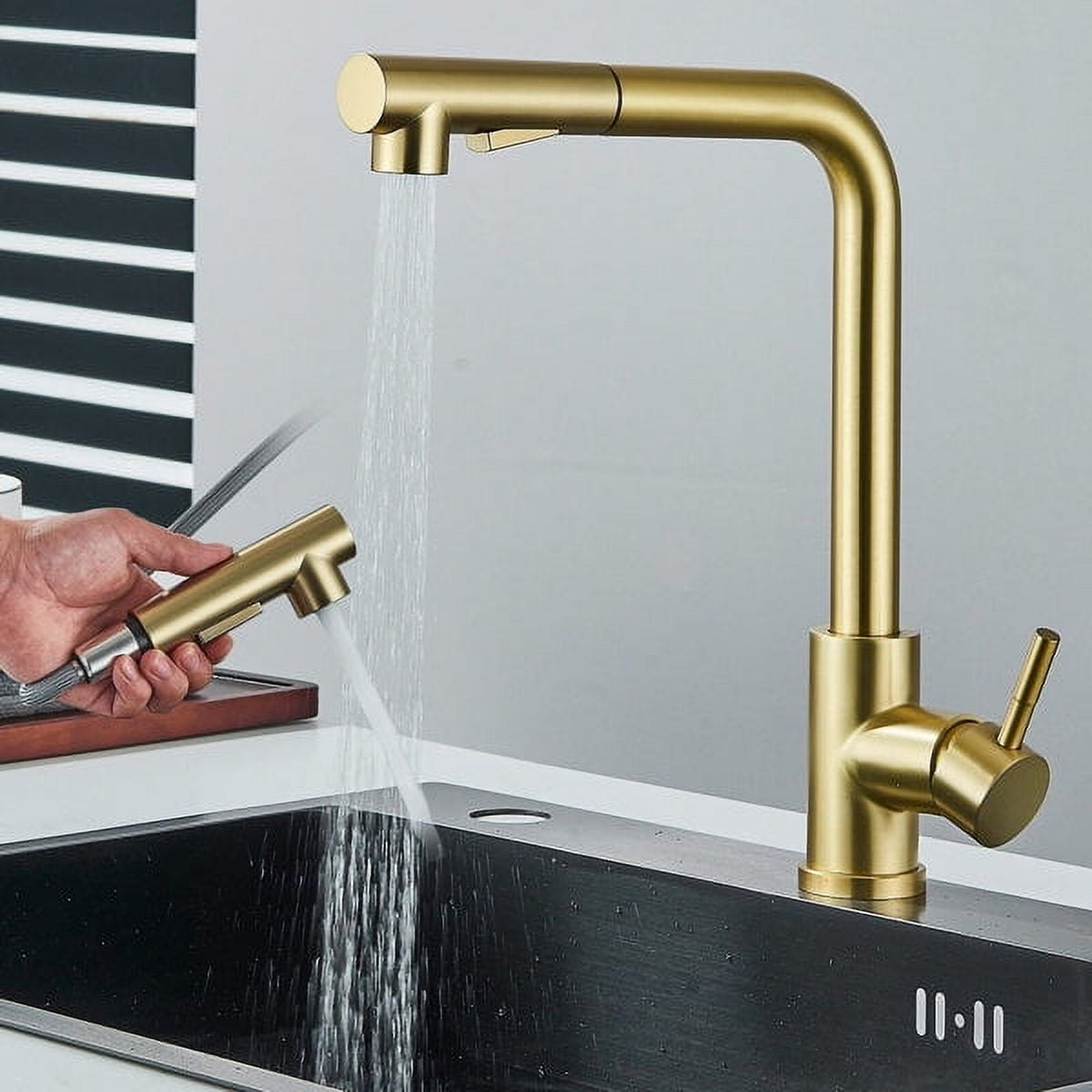 Brushed Gold Kitchen Faucet Single Handle Sink Mixer Faucet Pull Down ...