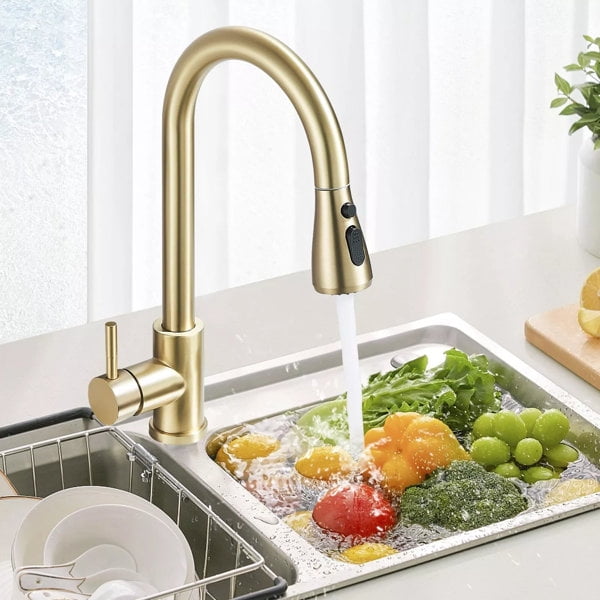 Brushed Gold Kitchen Faucet Sink Mixer Faucet Pull Down Sprayer Single ...