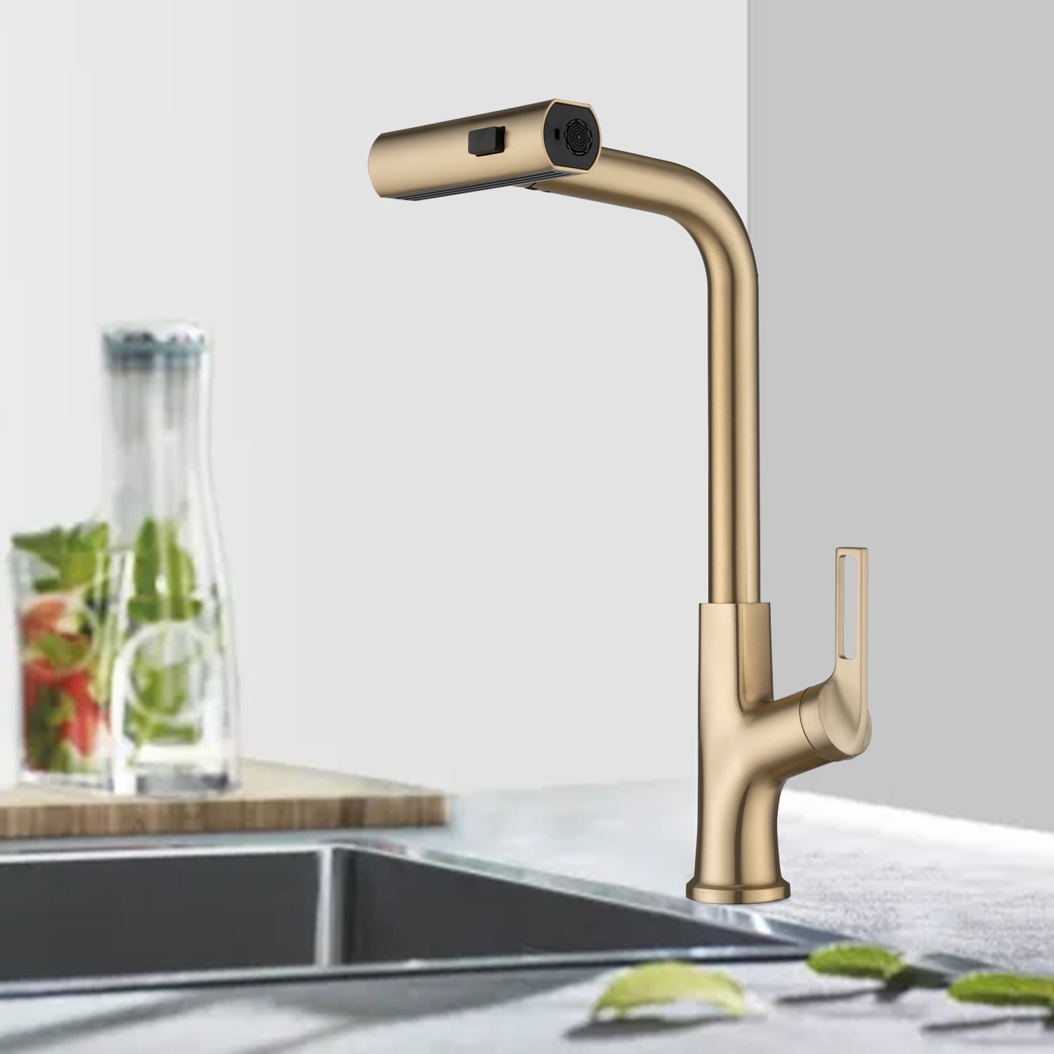 Brushed Gold Kitchen waterfall faucet with pull down sprayer, single ...