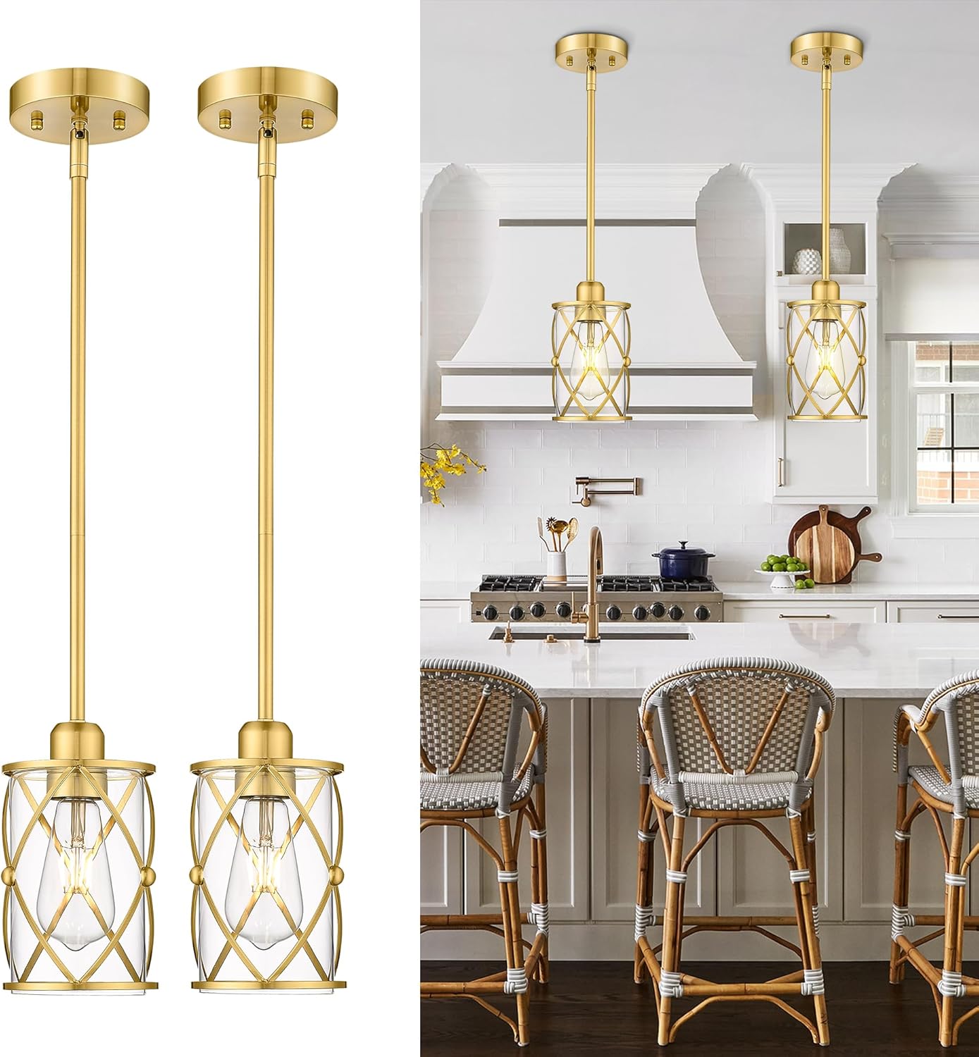 Brushed Gold Pendant Lights for Kitchen Island, 2 Pack Brass Glass ...