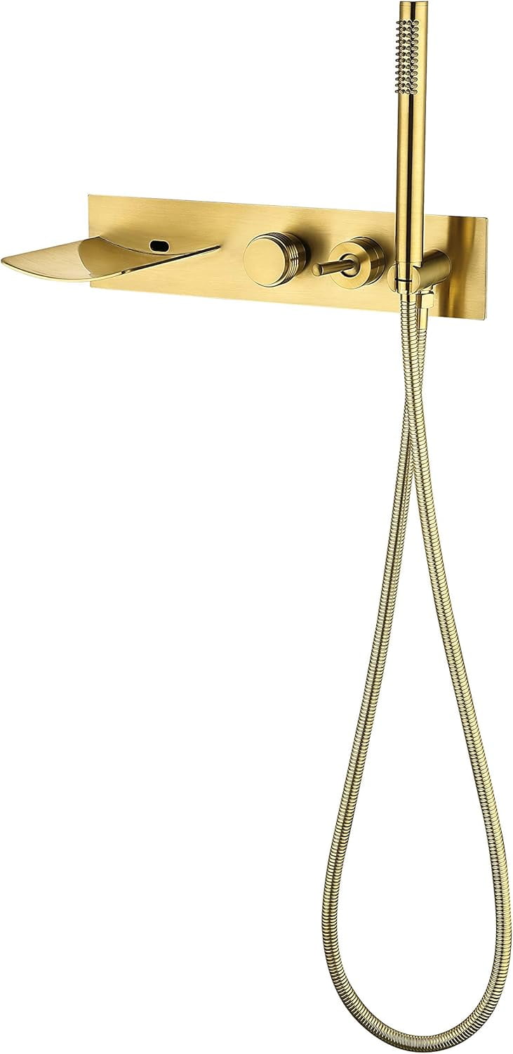 Brushed Gold Shower Bathtub Faucet Set with Sprayer, Wall Mounted ...