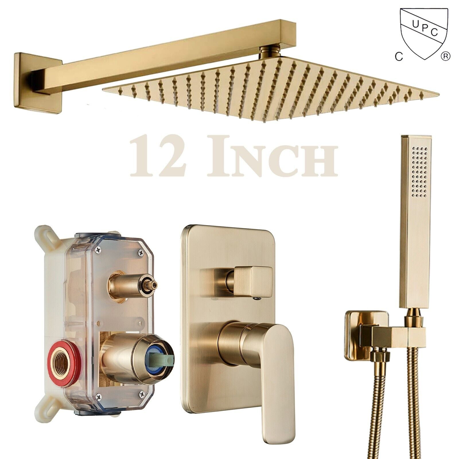 Brushed Gold Shower Faucet Set 12"Rainfall Head System With Valve kit Wall Mount - Walmart.com
