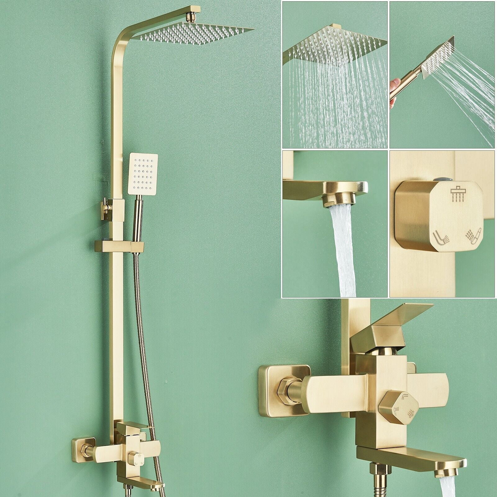 Brushed Gold Shower Faucet set Exposed Shower System 8inch Rain Shower Head Comb - Walmart.com