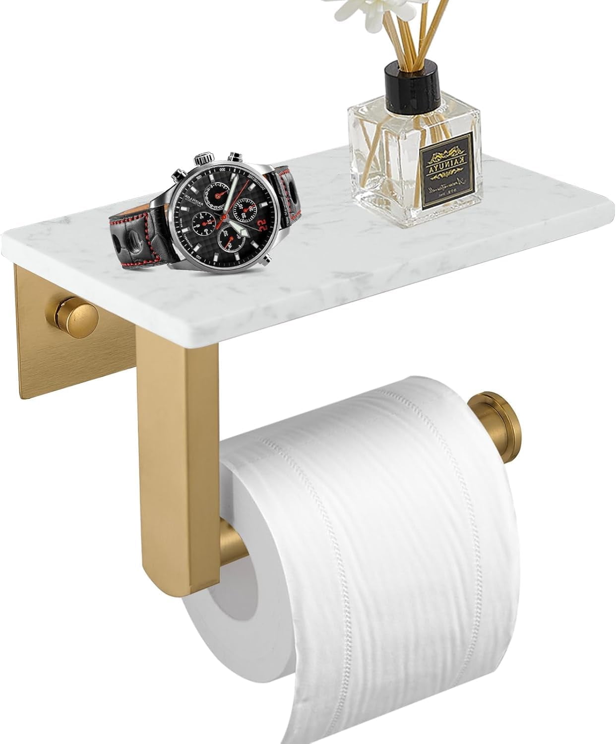 Brushed Gold Toilet Paper Holder with Marble Shelf, Roll Wall Mounted ...