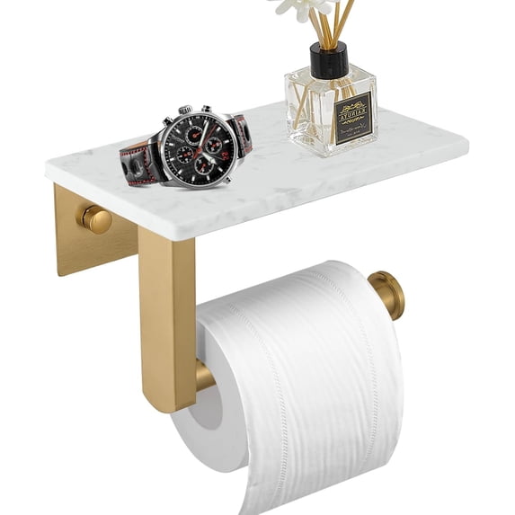 Brushed Gold Toilet Paper Holder with Marble Shelf, Roll Wall Mounted ...