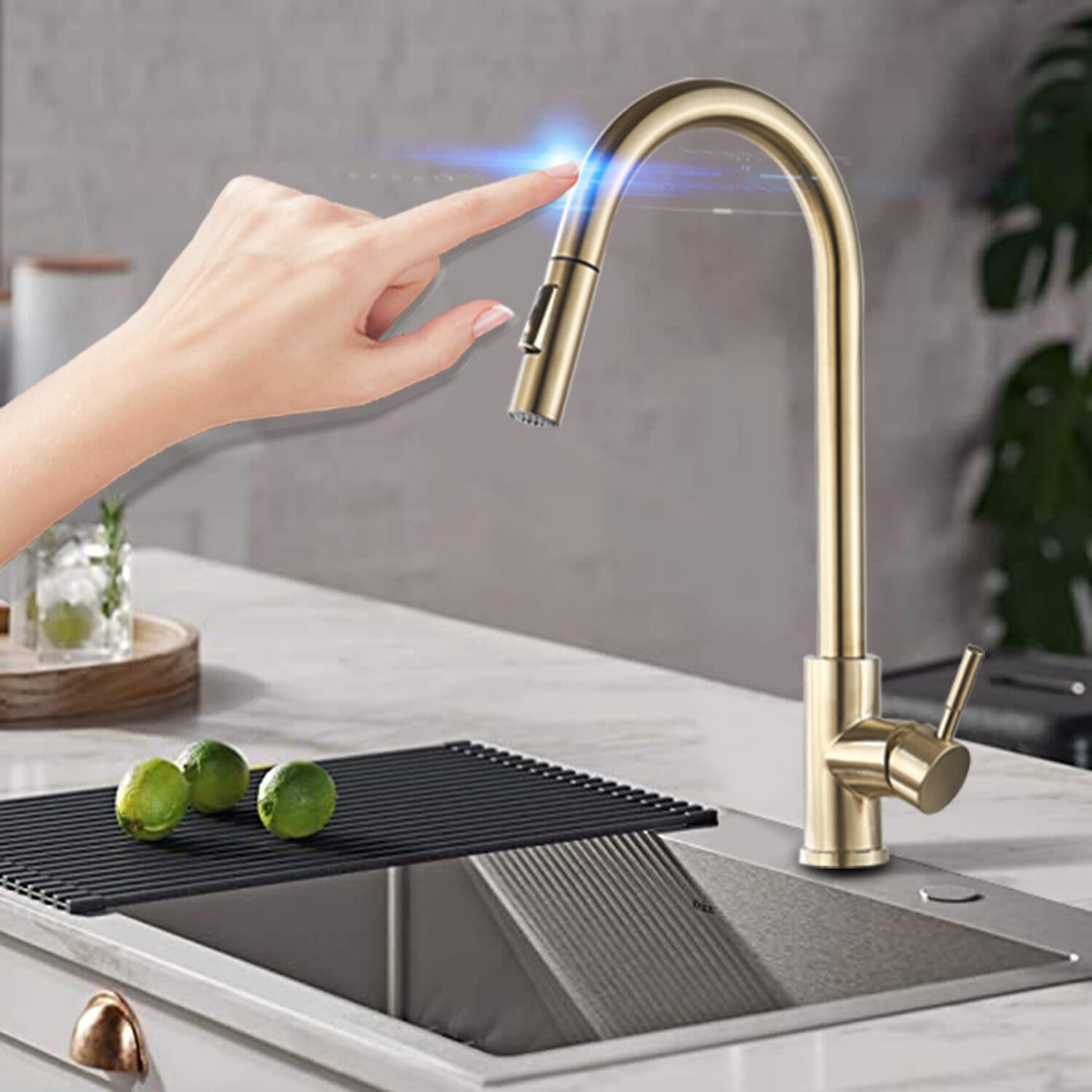 Brushed Gold Touch Sensor Kitchen Sink Faucet Pull Out Sprayer Swivel ...