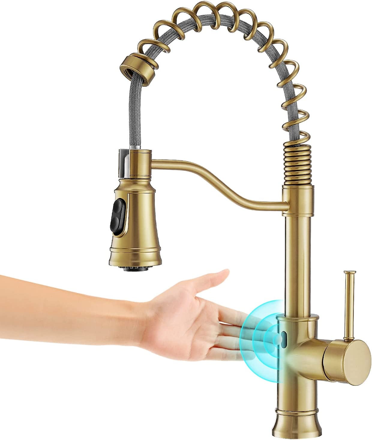 Brushed Gold Touchless Kitchen Faucet With Pull Down Sprayer Motion ...