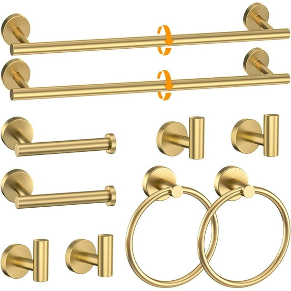 Brushed Gold Towel Bar Set 10 Pieces Round Bathroom Hardware Set ...