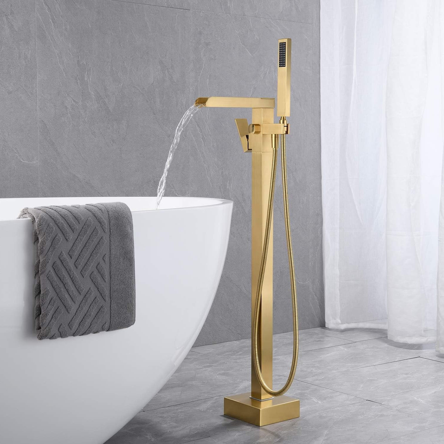 Brushed Gold Tub Filler Floor Mounted Bathtub Faucet Free Standing with ...
