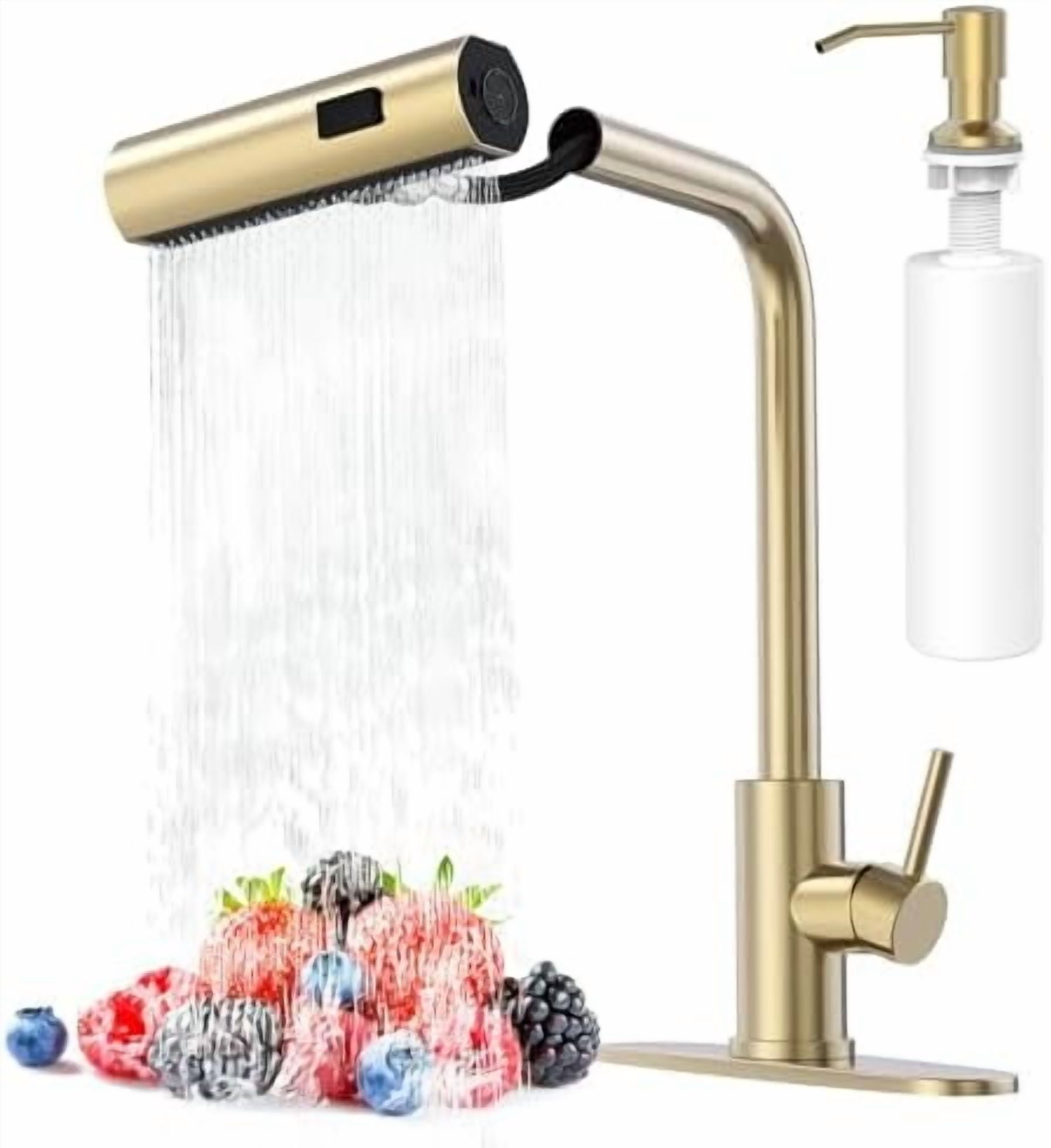 Brushed Gold Waterfall Kitchen Faucets with Pull Down Sprayer & Soap ...