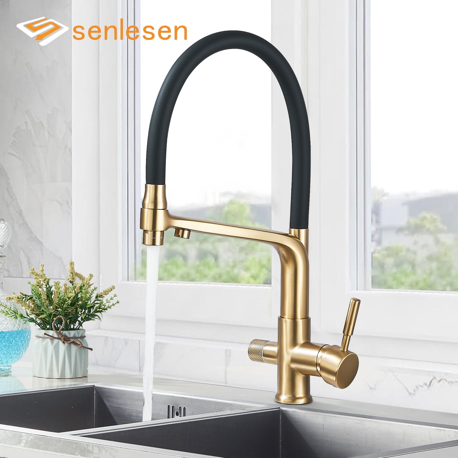 Brushed Golden Kitchen Sink Faucet Pure Water Filter Mixer Crane Dual ...