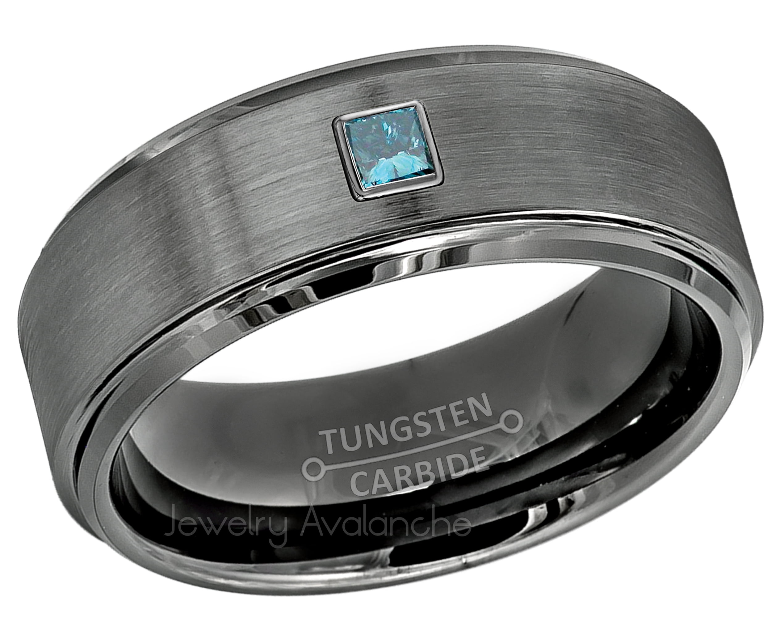 Brushed Gunmetal Tungsten Ring - 0.05ct Princess Cut Solitaire Blue Diamond Ring - Personalized ...
