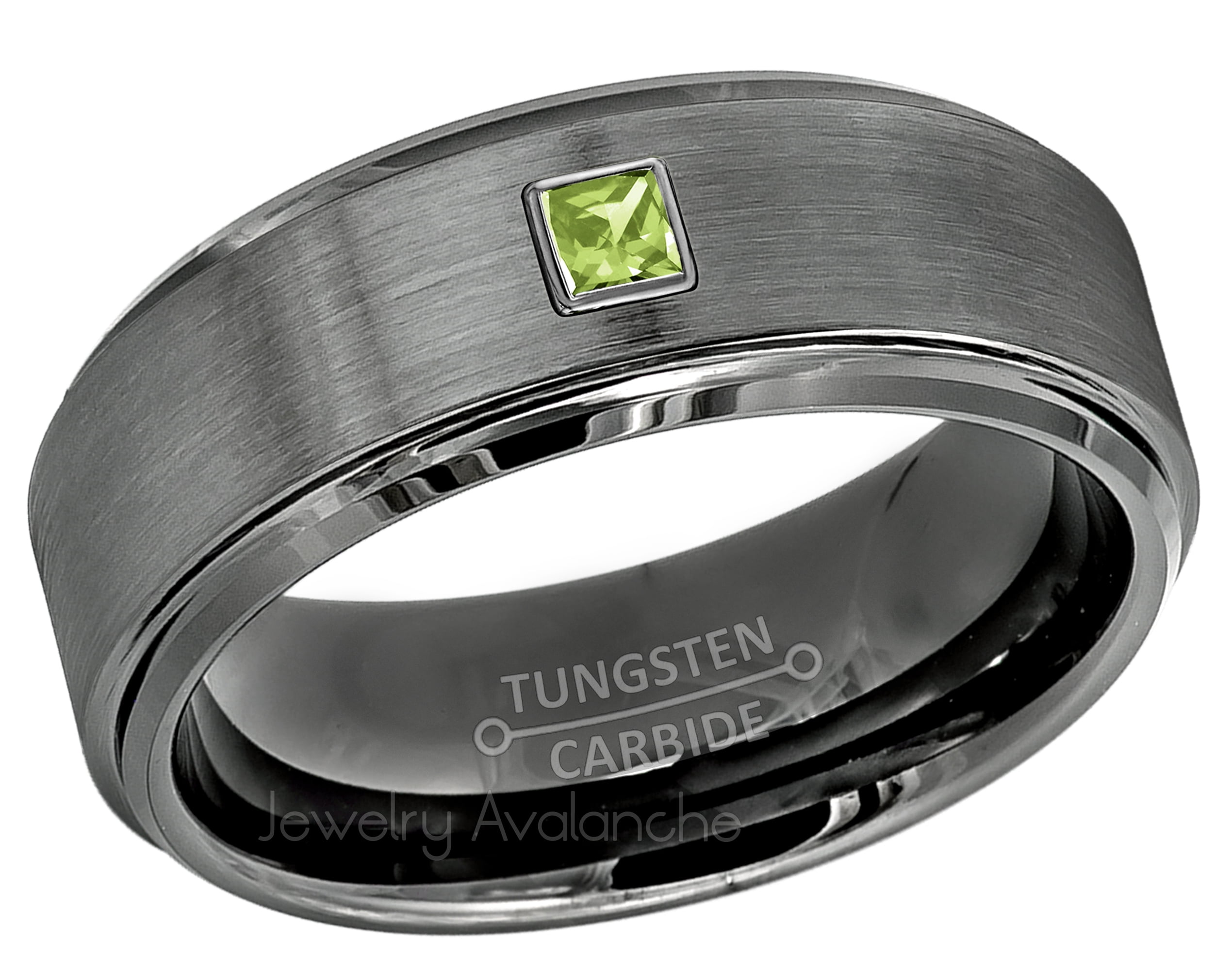 Brushed Gunmetal Tungsten Ring - 0.05ct Princess Cut Solitaire Peridot Ring - Personalized ...