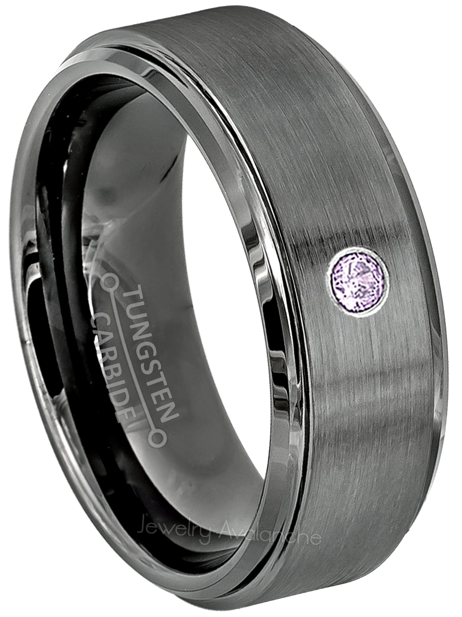 Brushed Gunmetal Tungsten Ring - 0.07ct Solitaire Amethyst Ring ...
