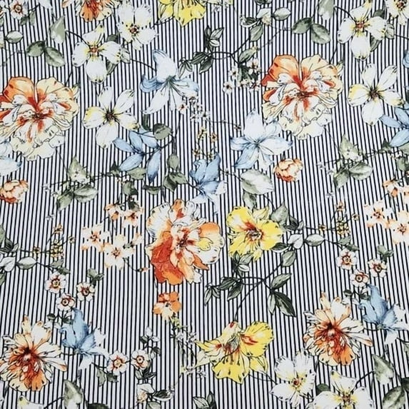 Brushed Ity Flowers On Stripes Blue 60" Fashion Fabric By The Yard ...