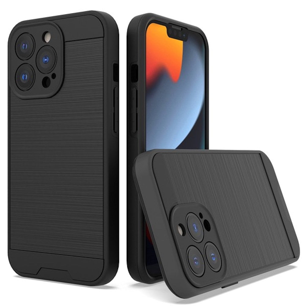 Brushed Metal Texture Hybrid Armor Case for iPhone 13 Pro - Black ...