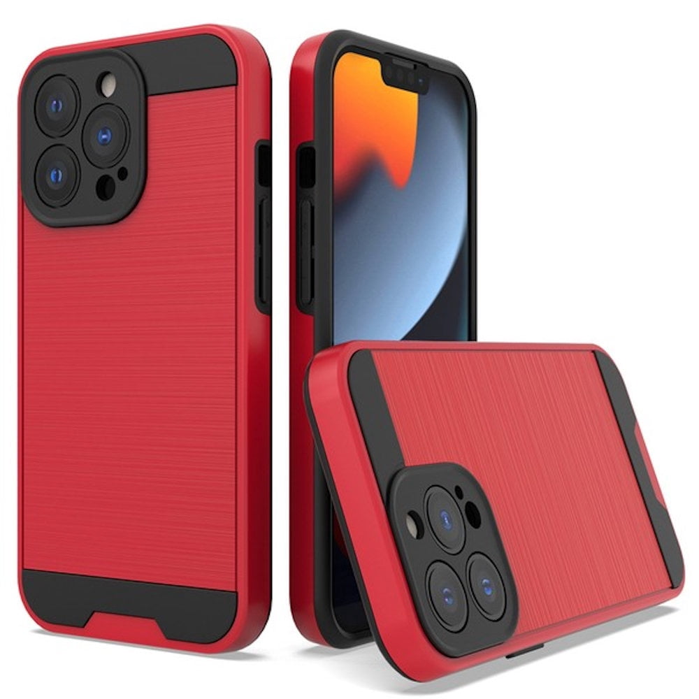 Brushed Metal Texture Hybrid Armor Case for iPhone 13 Pro - Red ...