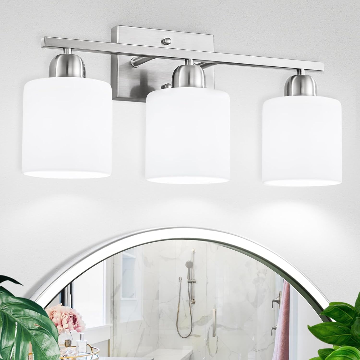 Brushed Nickel 3-Light Vanity Light with Milky White Frosted Glass for ...