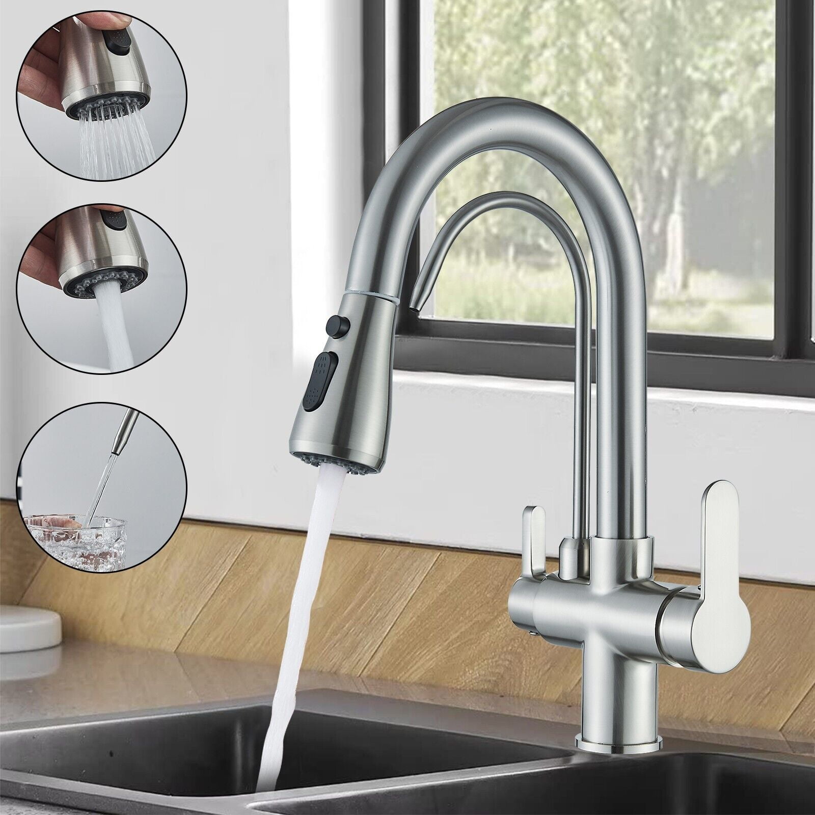 Brushed Nickel 3-Way Filter Kitchen Tap Pull Out Sprayer Dual Handle ...