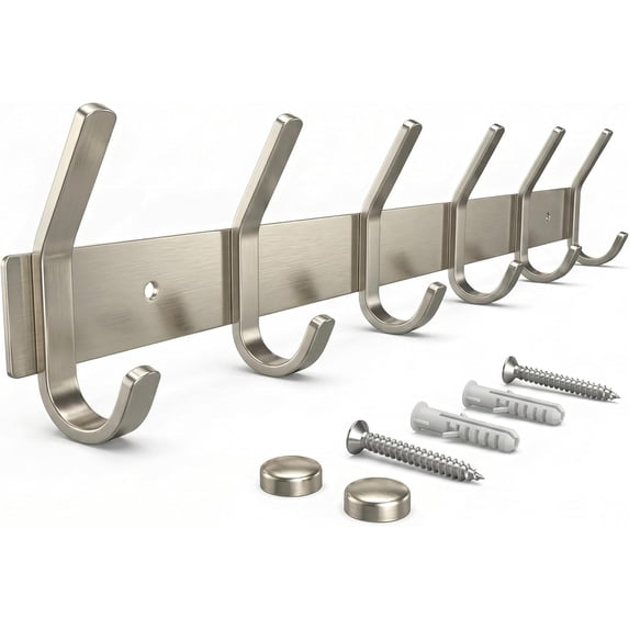 Brushed Nickel 6-Hook Wall Coat Rack, Heavy Duty Metal Hanger with ...