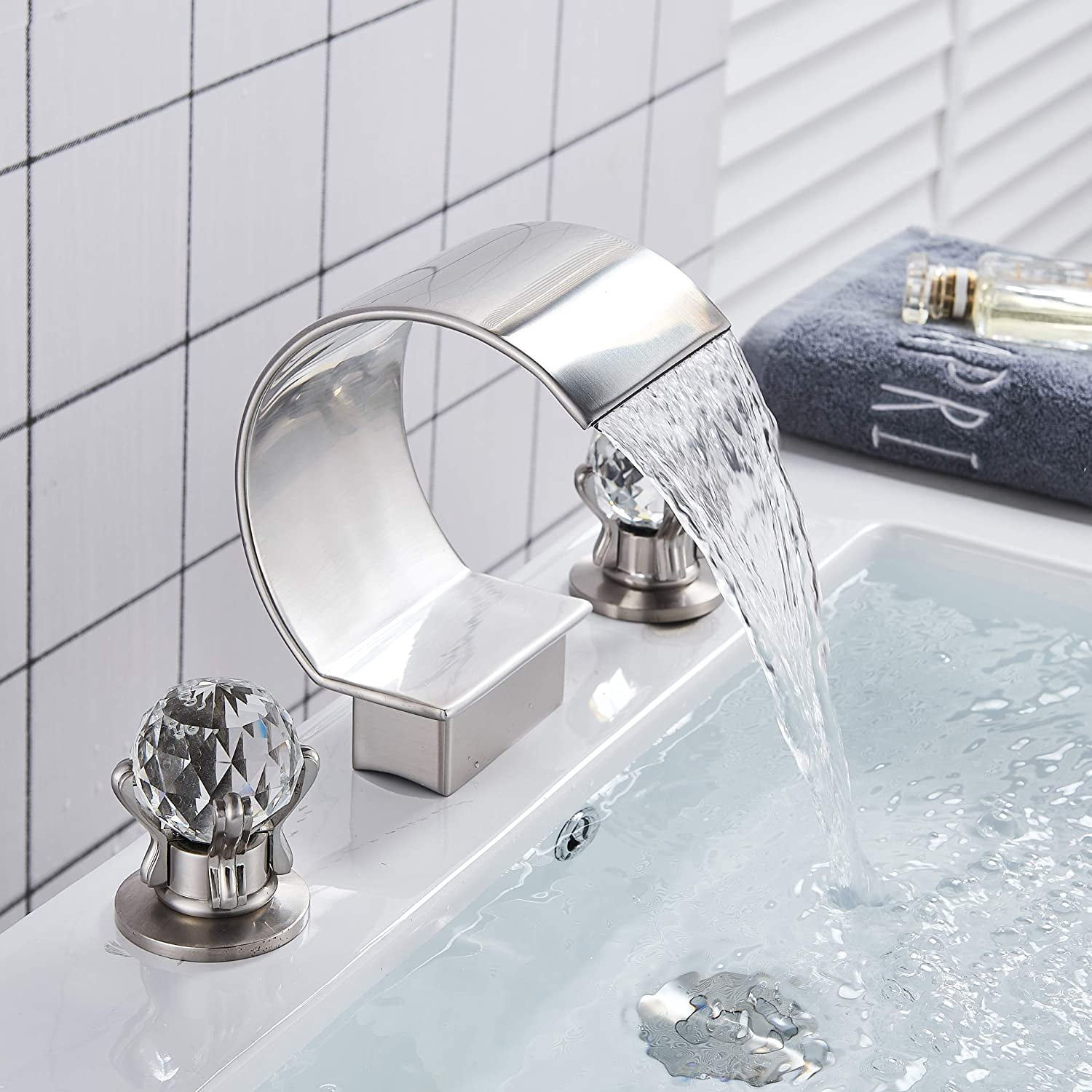 Brushed Nickel Bathroom Faucet 3 Hole Dual Crystal Knobs Widespread 3 ...
