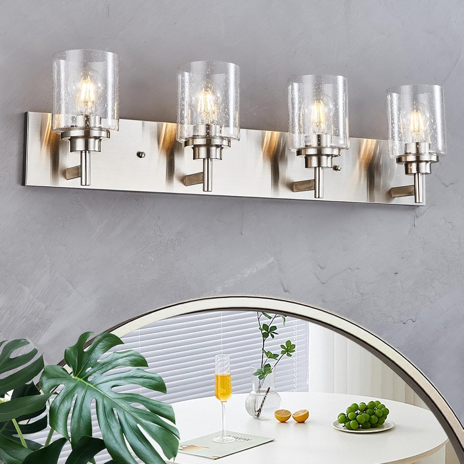 Brushed Nickel Bathroom Light Fixture, 32 Inch 4-Light | Seeded Glass ...