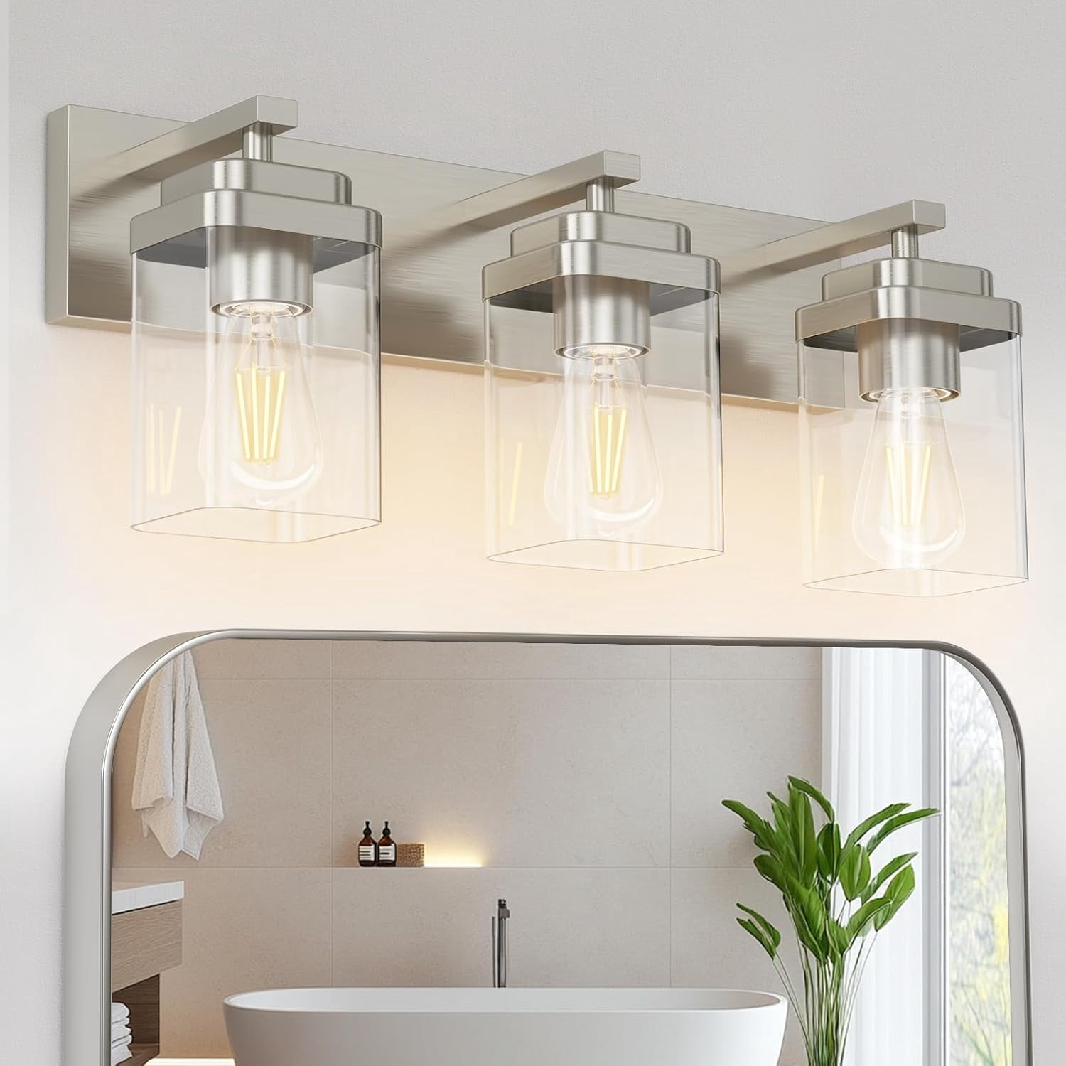 Brushed Nickel Bathroom Light Fixtures, 3 Lights Bathroom Lighting ...